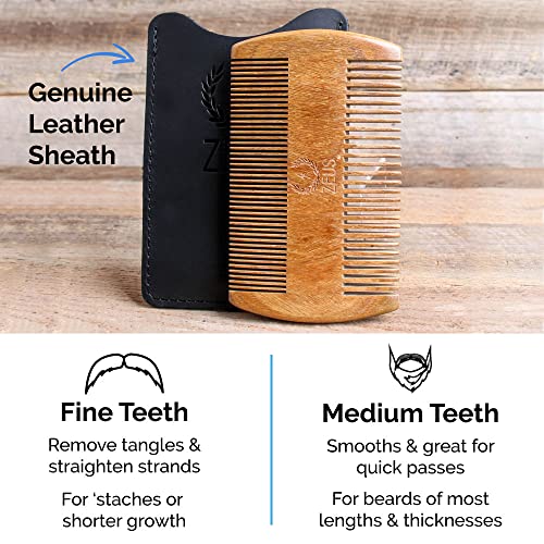 ZEUS Double-Sided Sandalwood Comb with Leather Sheath, Wooden Sandalwood Beard & Mustache Comb, Everyday Travel Comb – R31