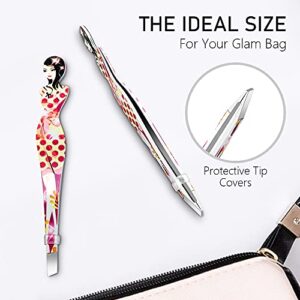 Eyebrow Tweezers Pinkiou Professional Slant tip Brow Clip Hair Removal Makeup Tool with Printed Beauty Cover Cosmetic 6 style pack of 6 pcs (Bikini)