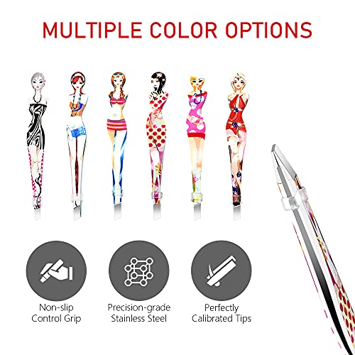 Eyebrow Tweezers Pinkiou Professional Slant tip Brow Clip Hair Removal Makeup Tool with Printed Beauty Cover Cosmetic 6 style pack of 6 pcs (Bikini)