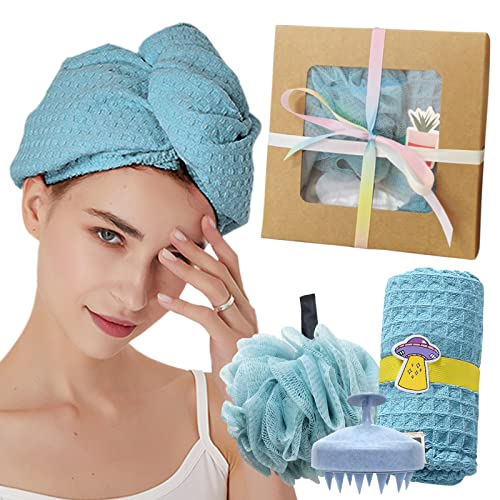 Hair Towel Gift Set, 3 Pcs Microfiber Fast Dry Hair Caps Bath Sponge Scalp Comb Bathroom Supplies Set (Blue)