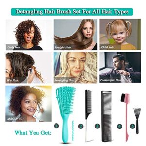 5 Pcs Detangling Hair Brush Set, Ez Detangler Brush With Edge Brush, Rat Tail Combs for Black Natural Hair Styling and Cuting, Curly/Straight/Wet/Dry/long/Short Hair Available for Women Kids Men