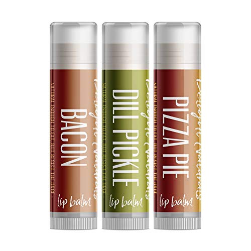 Delight Naturals Weird Flavor Fun Lip Balm Set - 3 Funny Novelty Lip Balm Flavors - Dill Pickle, Pizza, and Bacon