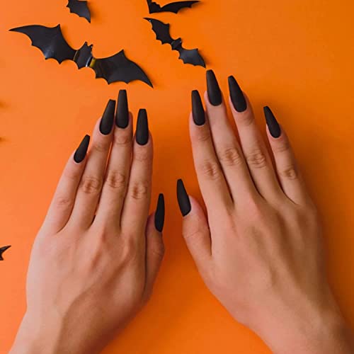 24 Pcs Matte Black Press on Nails Fake Nails, Coffin Nails Ballerina Extra Long Acrylic Stick on Nails, False Nails for Women and Girls