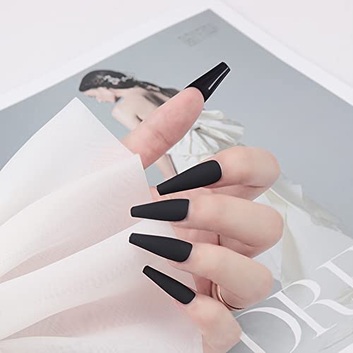 24 Pcs Matte Black Press on Nails Fake Nails, Coffin Nails Ballerina Extra Long Acrylic Stick on Nails, False Nails for Women and Girls