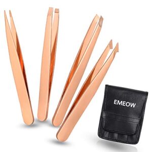 best eyebrow tweezers set – professional stainless steel tweezer with travel case (4-piece) – precision tweezers for ingrown hair, facial hair, splinter, blackhead and debris remover – emeow