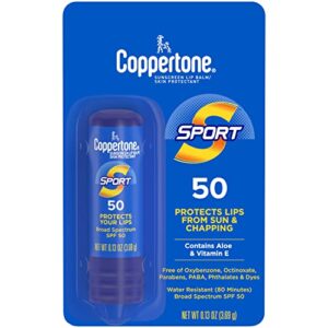 coppertone sport sunscreen lip balm, spf 50 sunscreen for lips, water resistant lip sunscreen spf 50, skin protectant, 0.13 oz tube