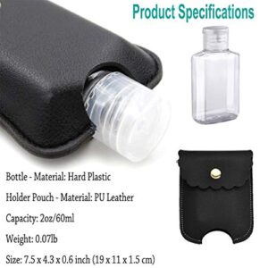 SANJINFON Portable Squeeze Bottles 2oz with Leather Case Keychain, Empty Travel Bottle Holder for Hand Sanitizer & Essential Oil, Refillable Bottle Clips to Diaper Bag, Travel Bag (Black&Brown&Silver)