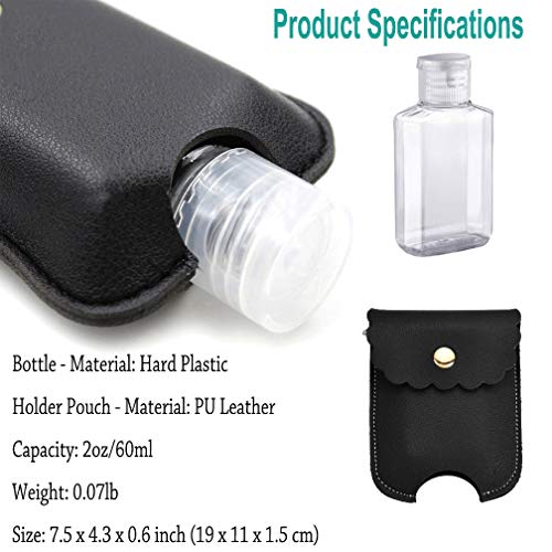 SANJINFON Portable Squeeze Bottles 2oz with Leather Case Keychain, Empty Travel Bottle Holder for Hand Sanitizer & Essential Oil, Refillable Bottle Clips to Diaper Bag, Travel Bag (Black&Brown&Silver)