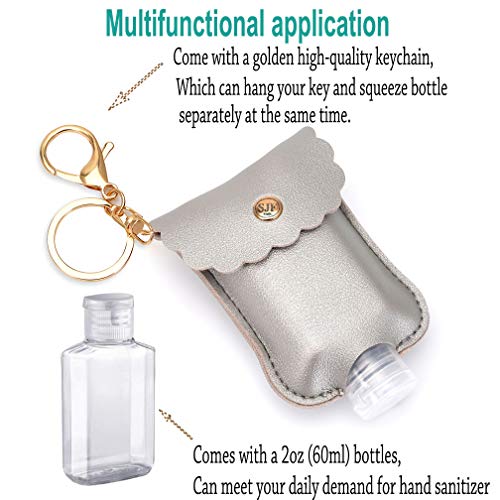 SANJINFON Portable Squeeze Bottles 2oz with Leather Case Keychain, Empty Travel Bottle Holder for Hand Sanitizer & Essential Oil, Refillable Bottle Clips to Diaper Bag, Travel Bag (Black&Brown&Silver)