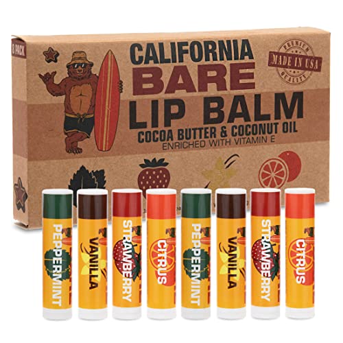 California Bare, Flavored Lip Balms with Beeswax, Coconut Oil, Shea Butter, Cocoa Butter, and Vitamin E for Hydrating and Moisturizing Dry Chapped Lips, 4 Assorted Flavors - 8 Pack