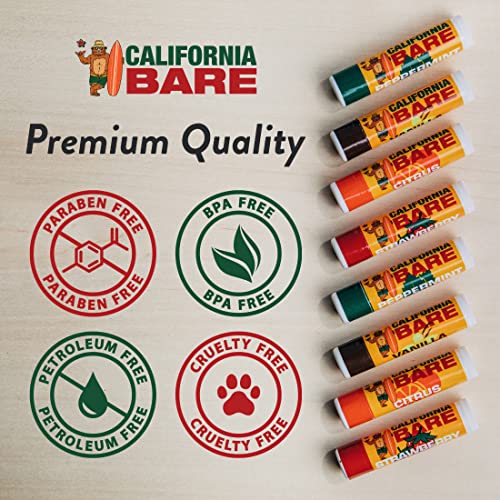 California Bare, Flavored Lip Balms with Beeswax, Coconut Oil, Shea Butter, Cocoa Butter, and Vitamin E for Hydrating and Moisturizing Dry Chapped Lips, 4 Assorted Flavors - 8 Pack