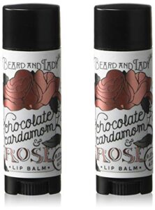 beard and lady – chocolate cardamom rose salve lip balm stick – black oval tube sticks – 2 pack of 0.15 fl oz balms