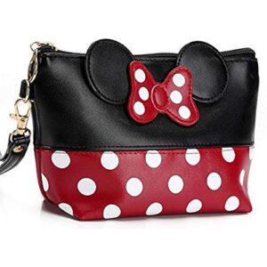 cartoon leather travel makeup handbag, cute portable cosmetic bag toiletry pouch for women teen girls kids (black)