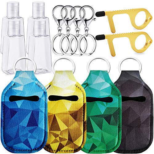 Hand Sanitizer Keychain Holder Reusable Empty Travel Size Leak-Proof Bottle with 2 No-Touch Door Opener with Stylus 30 ML Flip Cap Refillable Containers with Keychain for Soap and Lotion