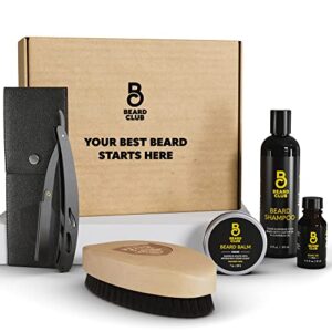 beard club – everyday beard care kit – style, moisturize and grow a healthier beard – straight edge razor, beard shampoo, cedar beard balm and beard oil, boar bristle beard brush – gift kit