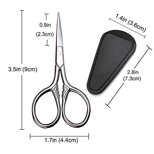 HITOPTY Small Precision Scissors, 3.5inch Stainless Steel Multi-Purpose Vintage Beauty Grooming Kit for Facial Hair, Eyebrow, Eyelash, Beard, Moustache with PU Sheath