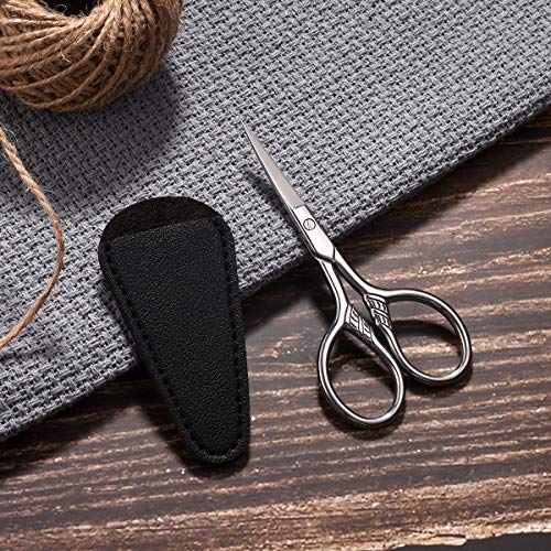 HITOPTY Small Precision Scissors, 3.5inch Stainless Steel Multi-Purpose Vintage Beauty Grooming Kit for Facial Hair, Eyebrow, Eyelash, Beard, Moustache with PU Sheath