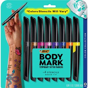 bic bodymark temporary tattoo markers for skin, color collection, flexible brush tip, 8-count pack of assorted colors, skin-safe*, cosmetic quality (mtbp81-ast), 1 count (pack of 8)