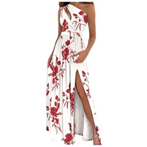 maxi dress for women beach vacation plus size wedding guest boho floral split dresses sexy casual red one shoulder smocked dress resort wear 2023 fairy dress vestidos tiktok dress(b white,x-large)