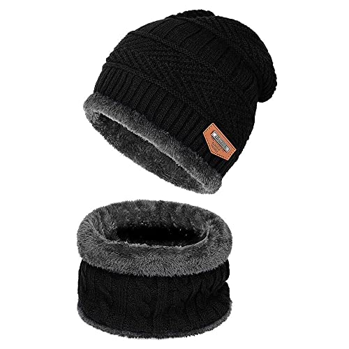 Men Women Beanie Hats - Black Beanie and Scarf Sets Knit Hat Fleece Lined Warm Beanies Ski Cap Snow Hats Unisex Bennies for Man Woman Thick Soft Fabric Hat and Scarf Set Stocking Stuffers