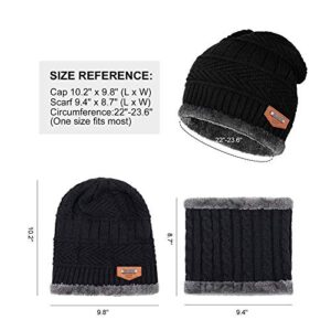 Men Women Beanie Hats - Black Beanie and Scarf Sets Knit Hat Fleece Lined Warm Beanies Ski Cap Snow Hats Unisex Bennies for Man Woman Thick Soft Fabric Hat and Scarf Set Stocking Stuffers