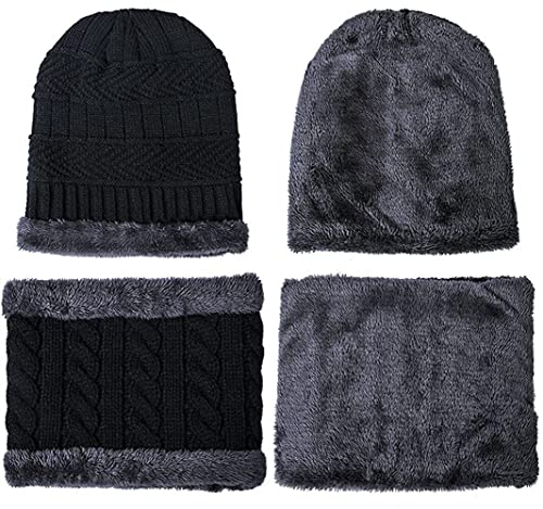 Men Women Beanie Hats - Black Beanie and Scarf Sets Knit Hat Fleece Lined Warm Beanies Ski Cap Snow Hats Unisex Bennies for Man Woman Thick Soft Fabric Hat and Scarf Set Stocking Stuffers