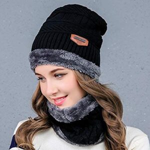 Men Women Beanie Hats - Black Beanie and Scarf Sets Knit Hat Fleece Lined Warm Beanies Ski Cap Snow Hats Unisex Bennies for Man Woman Thick Soft Fabric Hat and Scarf Set Stocking Stuffers