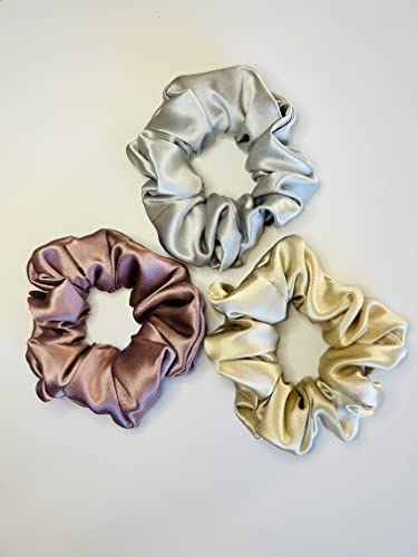 BLP Silk Scrunchie 100% Mulberry Silk for Hair 3-pack Hair Scrunchie for Women's Hair Neutral Colors Sleep Hair Tie Stocking Stuffer Ideas