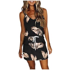 beach dresses for women summer 2023 trendy halter strap mini sundress boho printed casual loose pocket sundress going out fashion clothes cruise wear vacation short dress(d black,x-large)