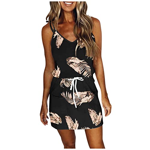 Beach Dresses for Women Summer 2023 Trendy Halter Strap Mini Sundress Boho Printed Casual Loose Pocket Sundress Going Out Fashion Clothes Cruise Wear Vacation Short Dress(D Black,X-Large)