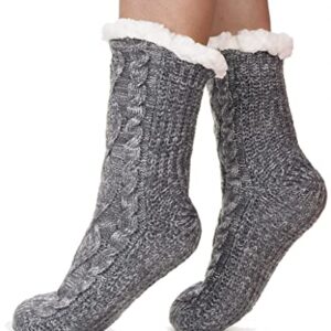 Fuzzy Slipper Socks for Women Fluffy Cozy Cabin Fleece Winter Warm Plush Home Thick Comfy Grips Non Slip Socks Christmas Gift Stocking Stuffer（Knit- Grey Blue）