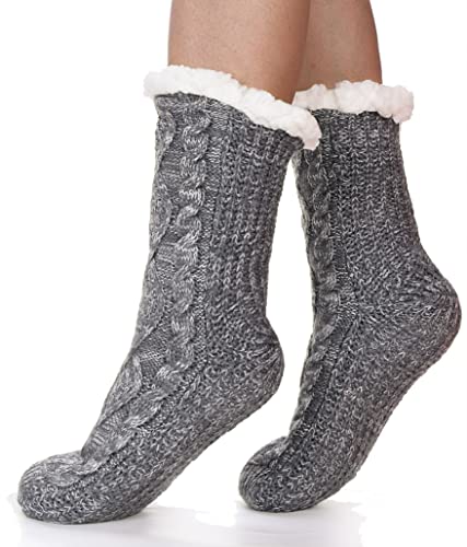 Fuzzy Slipper Socks for Women Fluffy Cozy Cabin Fleece Winter Warm Plush Home Thick Comfy Grips Non Slip Socks Christmas Gift Stocking Stuffer（Knit- Grey Blue）