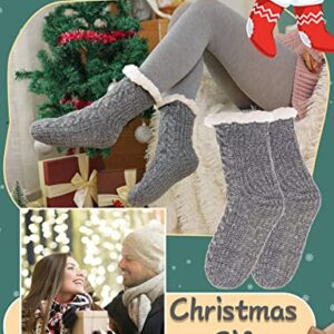 Fuzzy Slipper Socks for Women Fluffy Cozy Cabin Fleece Winter Warm Plush Home Thick Comfy Grips Non Slip Socks Christmas Gift Stocking Stuffer（Knit- Grey Blue）