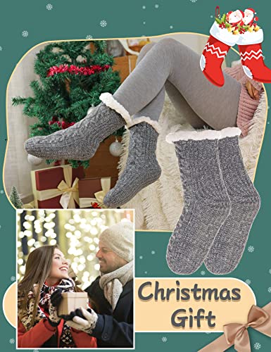 Fuzzy Slipper Socks for Women Fluffy Cozy Cabin Fleece Winter Warm Plush Home Thick Comfy Grips Non Slip Socks Christmas Gift Stocking Stuffer（Knit- Grey Blue）