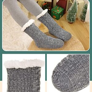 Fuzzy Slipper Socks for Women Fluffy Cozy Cabin Fleece Winter Warm Plush Home Thick Comfy Grips Non Slip Socks Christmas Gift Stocking Stuffer（Knit- Grey Blue）