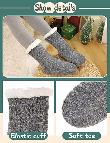 Fuzzy Slipper Socks for Women Fluffy Cozy Cabin Fleece Winter Warm Plush Home Thick Comfy Grips Non Slip Socks Christmas Gift Stocking Stuffer（Knit- Grey Blue）