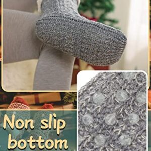 Fuzzy Slipper Socks for Women Fluffy Cozy Cabin Fleece Winter Warm Plush Home Thick Comfy Grips Non Slip Socks Christmas Gift Stocking Stuffer（Knit- Grey Blue）