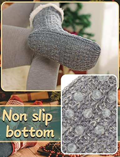 Fuzzy Slipper Socks for Women Fluffy Cozy Cabin Fleece Winter Warm Plush Home Thick Comfy Grips Non Slip Socks Christmas Gift Stocking Stuffer（Knit- Grey Blue）