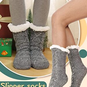 Fuzzy Slipper Socks for Women Fluffy Cozy Cabin Fleece Winter Warm Plush Home Thick Comfy Grips Non Slip Socks Christmas Gift Stocking Stuffer（Knit- Grey Blue）