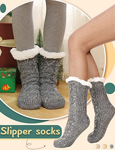 Fuzzy Slipper Socks for Women Fluffy Cozy Cabin Fleece Winter Warm Plush Home Thick Comfy Grips Non Slip Socks Christmas Gift Stocking Stuffer（Knit- Grey Blue）