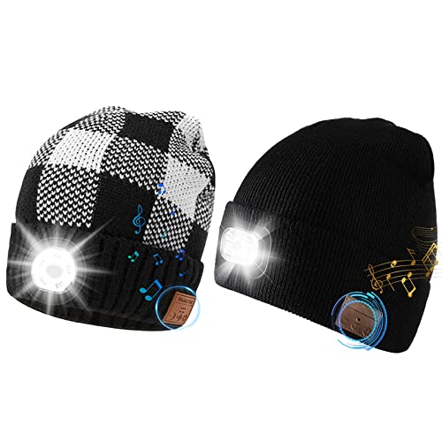 Bluetooth Beanie Hat with LED Light - Winter Music Knit Hats with Wireless Headphones Speaker for Outdoor Camping Running Walking Unique Christmas Stocking Stuffers Birthday for Men Women