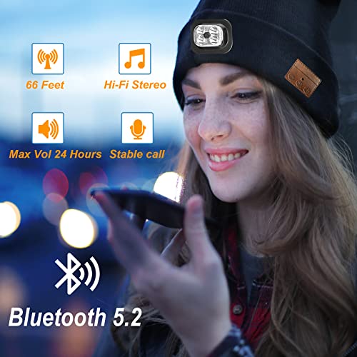 Bluetooth Beanie Hat with LED Light - Winter Music Knit Hats with Wireless Headphones Speaker for Outdoor Camping Running Walking Unique Christmas Stocking Stuffers Birthday for Men Women