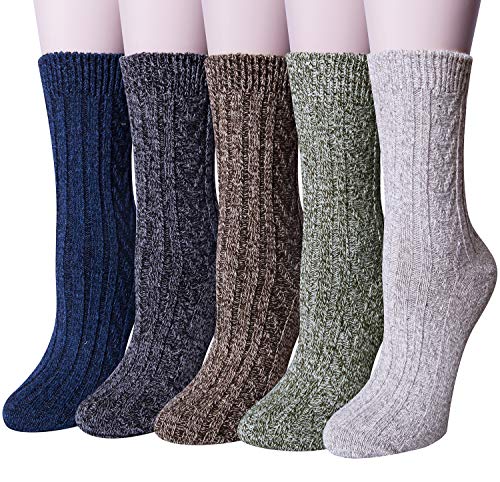 Pack of 5 Womens Winter Socks Warm Thick Knit Wool Soft Vintage Casual Crew Socks Gifts,A-Navy/Dark grey/Brown/Green/Light grey