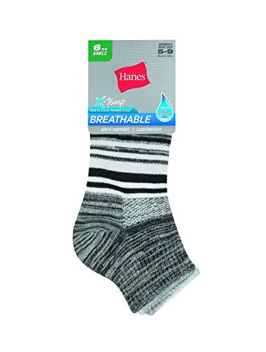 Hanes womens Hanes Women's 6-pair Lightweight Breathable Ventilation Ankle fashion liner socks, Black/Grey, 5 9 US