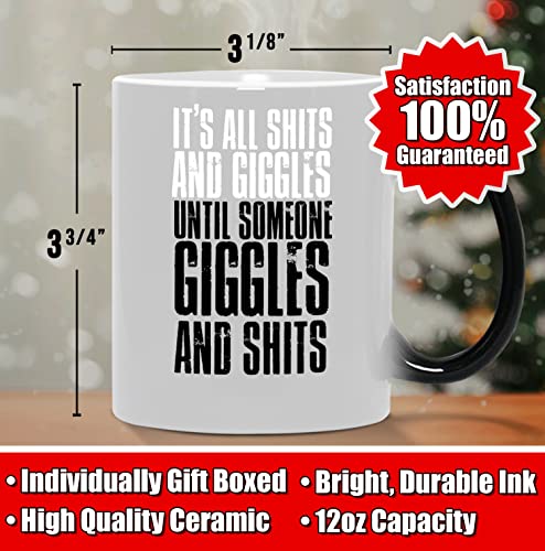 GR8AM Text Revealing Tea Cup 12oz - It's All Shits and Gigles - Funny Coffee Mug for Men & Cute Coffee Cups for Women. Best Big Coffee Cups for Stocking Stuffers or Cute Gifts for Women