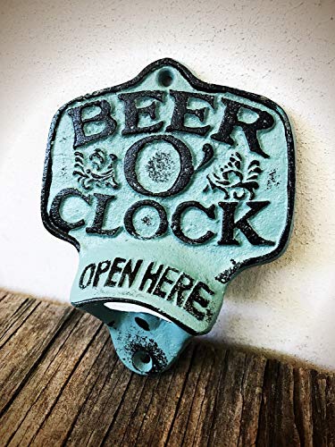 Rustic Patina Beer O Clock Wall Mount Bottle Opener – Durable Cast Iron – Unique Bar Décor – Men’s Stocking Stuffer