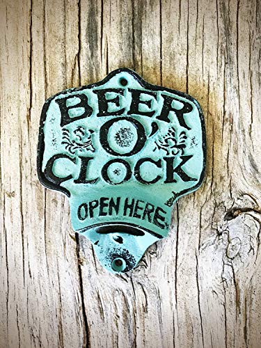 Rustic Patina Beer O Clock Wall Mount Bottle Opener – Durable Cast Iron – Unique Bar Décor – Men’s Stocking Stuffer