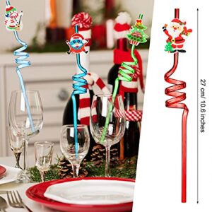 24 Pieces Christmas Drinking Straws with Cartoon Decorations, Christmas Drinking Plastic Straws Reusable, Christmas Party Swirly Straws Beverages Straws for Christmas Birthday Party Favors, 6 Styles