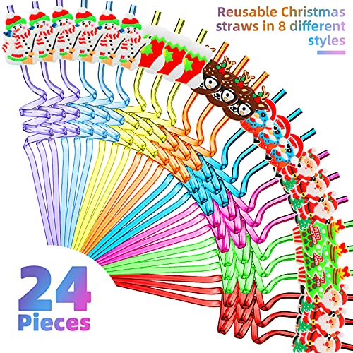 24 Pieces Christmas Drinking Straws with Cartoon Decorations, Christmas Drinking Plastic Straws Reusable, Christmas Party Swirly Straws Beverages Straws for Christmas Birthday Party Favors, 6 Styles