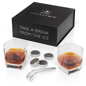 hockey whiskey stone set 7pcs | 4 hockey puck whiskey stones with cooling gel interior | top hockey gifts for men | hockey stick tongs, elegant glasses whiskey set | perfect hockey stocking stuffers